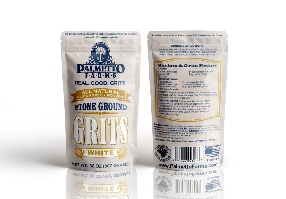 Stone Ground Grits. Palmetto Farms. Non GMO. All Natural.